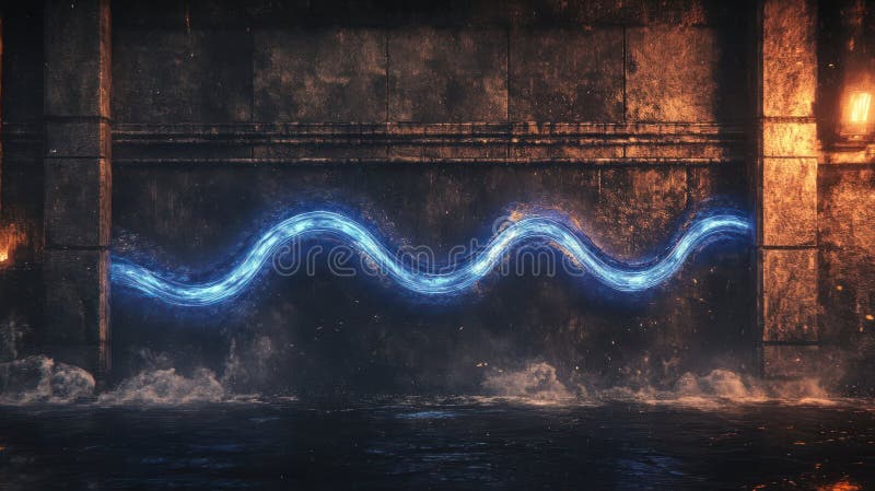 A Glowing Blue Wave-like Pattern Against a Dark, Textured Wall with ...