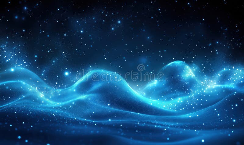 Glowing Blue Waves with Sparkling Stars in Cosmic Night Sky Stock Photo ...