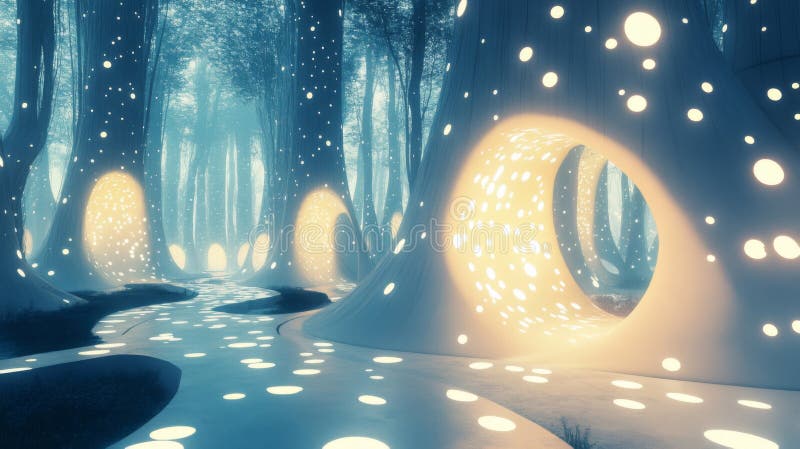 Glowing Blue and White Fantasy Forest Path Stock Illustration ...