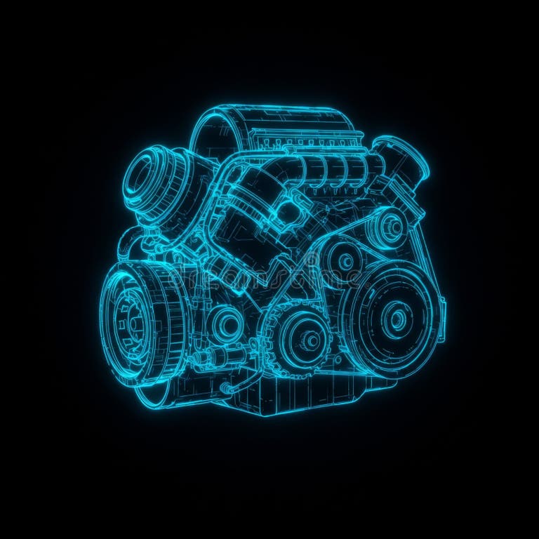 Glowing Blue Wireframe Car Engine Digital Rendering Stock Illustration ...
