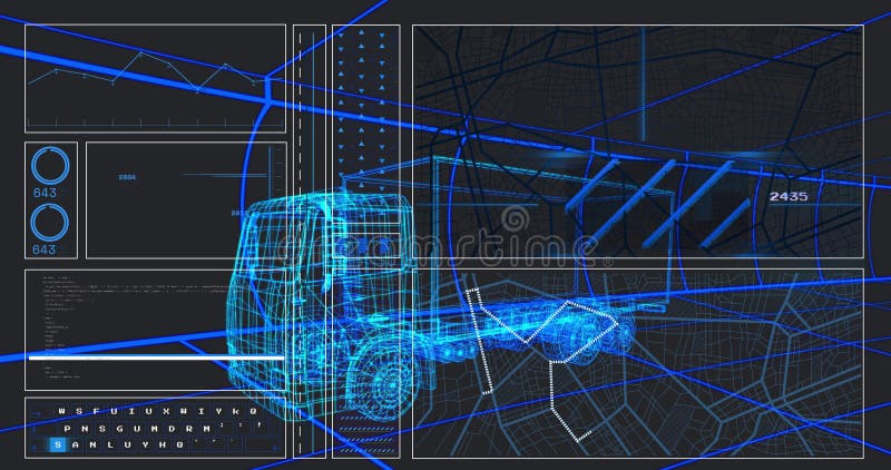 Glowing Blue Wireframe Cargo Truck Model Moving Across Neon Dashboard ...