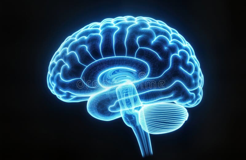 Glowing Blue Wireframe Human Brain Illustration Shows Intricate Neural ...