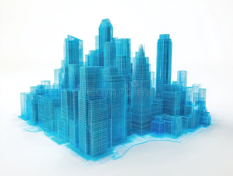 A Glowing Blue Wireframe Model of a Futuristic Digital City with Grid ...