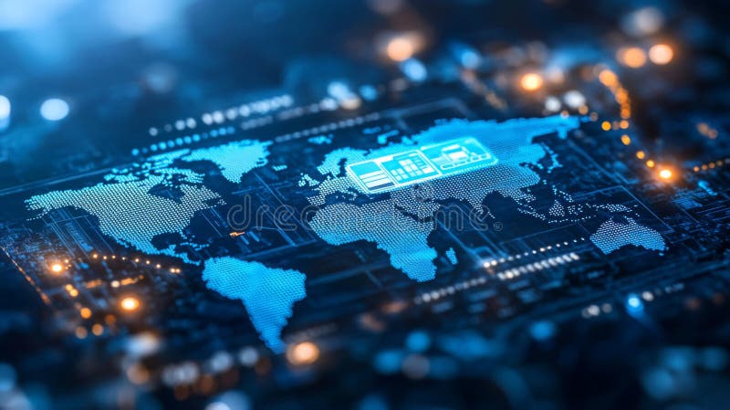 Glowing Blue World Map on Circuit Board Technology Background Stock ...