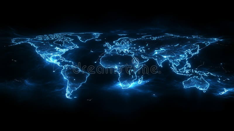 Glowing Blue World Map Outline on a Dark Background Illustration Stock ...