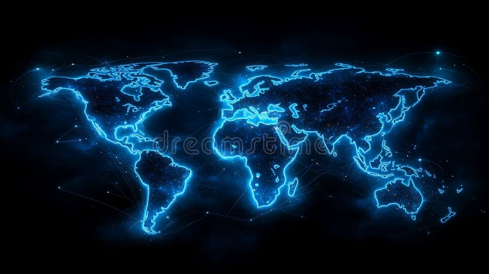 Glowing Blue World Map Outline on a Dark Background with Small Dots ...