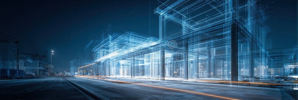 Glowing Blueprint Overlay on Construction Site Highlights Architectural ...