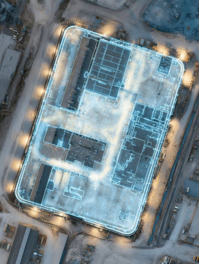 Glowing Blueprint Overlay Illustrating Construction Site Layout with ...