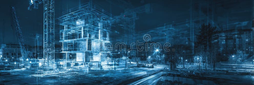 Glowing Blueprint Overlay Showcasing a Construction Site at Night with ...