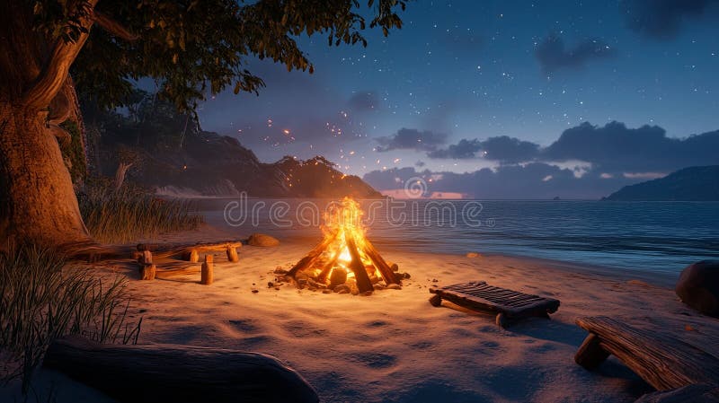 Glowing Bonfire Sandy Beach Surrounded Simple Driftwood Seating ...