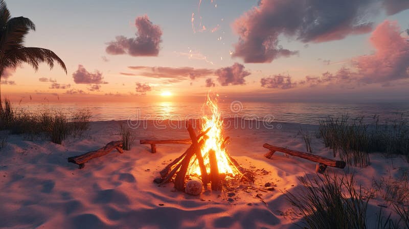 A Glowing Bonfire on a Sandy Beach Surrounded by Simple Driftwood ...