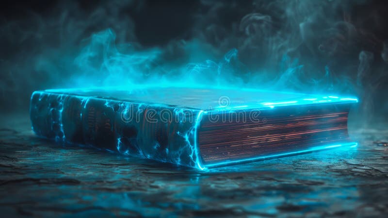 Mystical Glowing Book Resting on a Dark Surface with Ethereal Blue ...