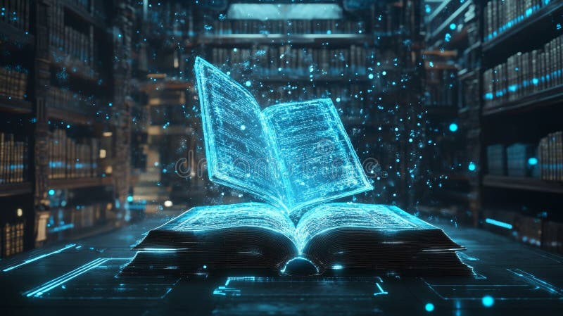 Glowing Book of Knowledge in a Digital Library a Glowing Blue Book ...