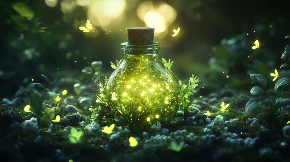 Glowing Bottle in an Enchanted Forest Stock Illustration - Illustration of dreamlike, fantasy ...