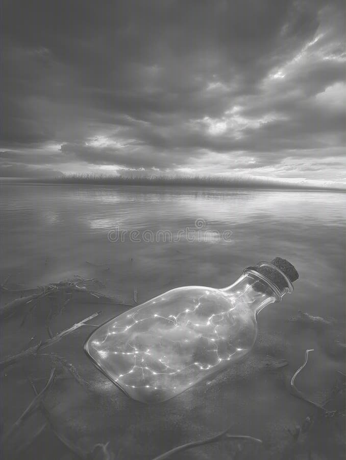 Glowing Bottle Message in Glass Bottle on Beach at Dusk Seascape Stock Illustration ...