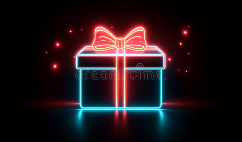 A Glowing Box with a Red Bow on Top Stock Photo - Image of neon, color ...