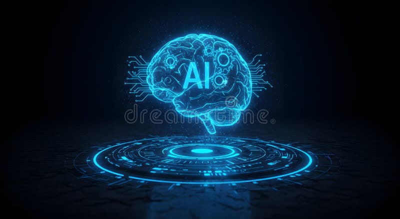 Glowing Brain with Ai Text and Gears Above Futuristic Glowing Platform ...