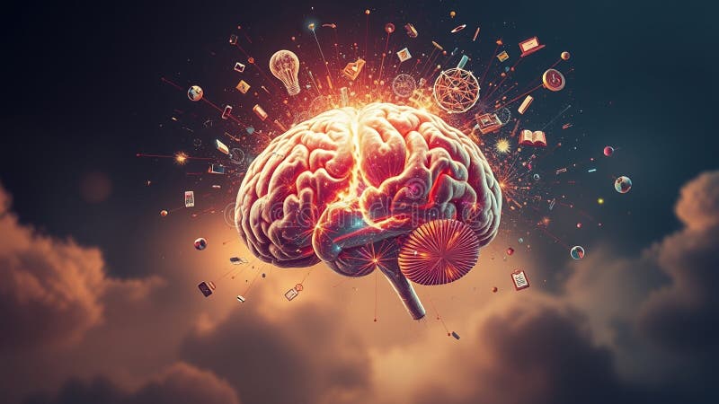 A Glowing Brain with Colorful Objects Exploding from it Stock ...