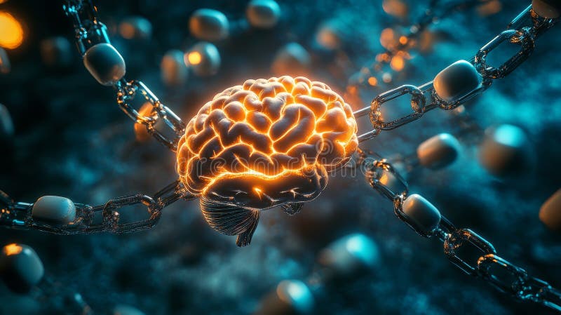 A Glowing Brain Connected with Chains, Symbolizing Constraints on Thought and Creativity in a ...