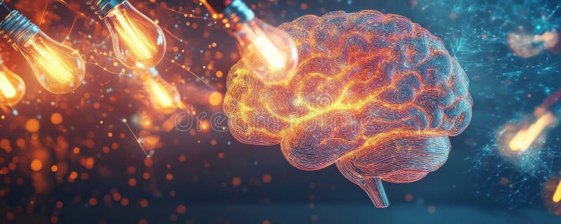 A Glowing Brain Connected To Multiple Lightbulbs, Surrounded by ...
