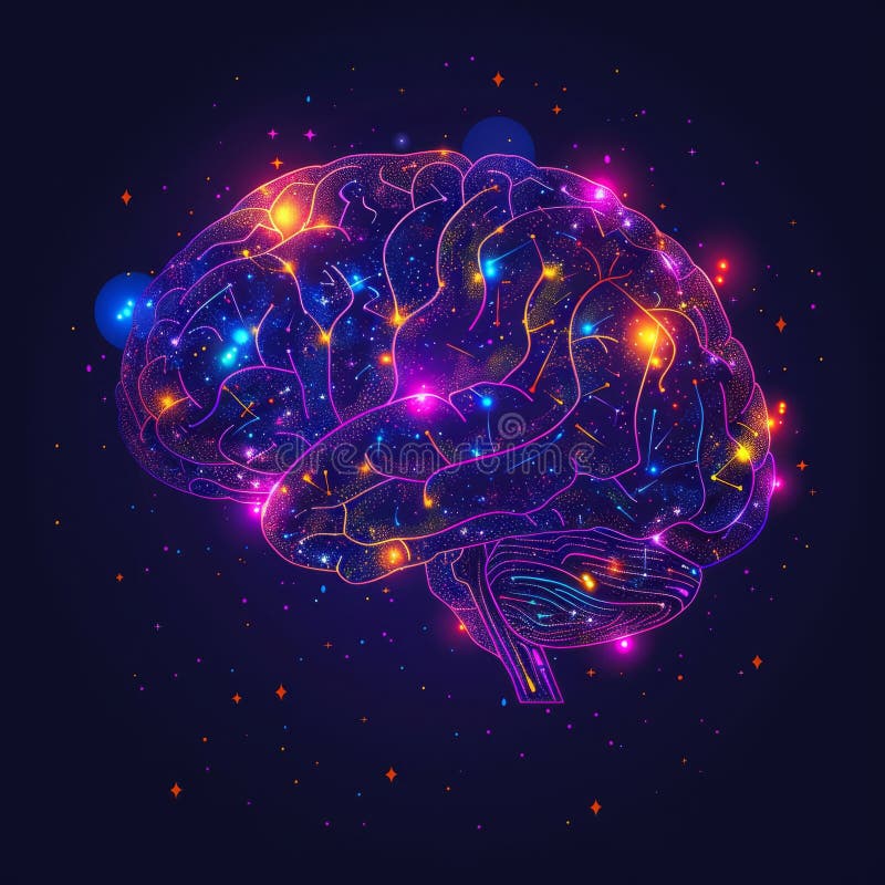 Glowing Brain on Dark Blue Background with Stars Stock Image - Image of ...