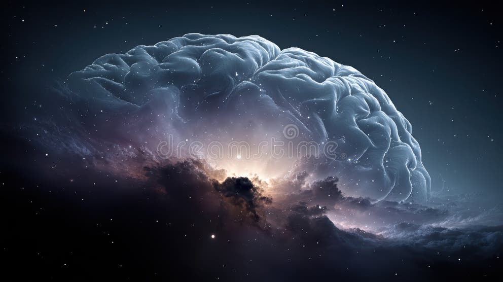 Glowing Brain Emerges from Cosmic Clouds, Symbolizing Limitless Thought ...