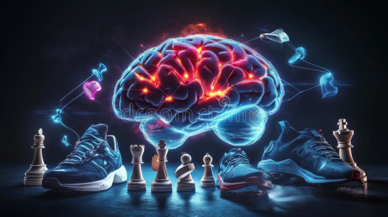 AI Brain Glowing in a Futuristic World with Chess and Athletic Shoes ...