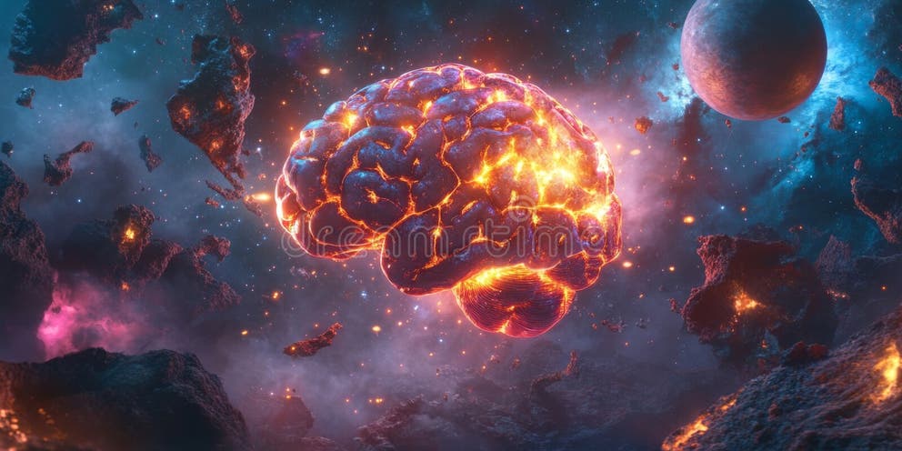 A Glowing Brain Floats in the Cosmos. the Vibrant Colors Create a ...