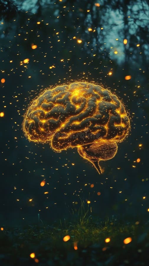 Glowing Brain in a Forest with Golden Particles Stock Image - Image of ...