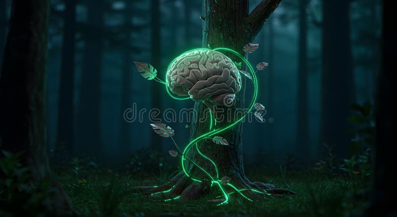 Glowing Brain Growing from Tree in Dark Forest: Nature and Mind ...