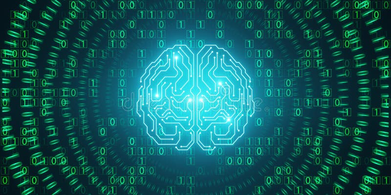 Glowing Brain Hologram with Binary Coding on Blue Backdrop. Programming ...