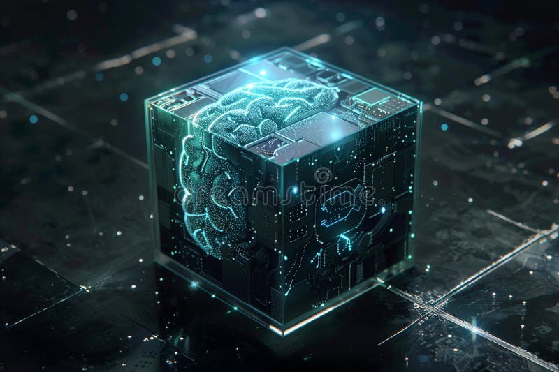 Glowing Brain Inside a Circuit Cube on Dark Backdrop, Artificial Intelligence Concept Stock ...