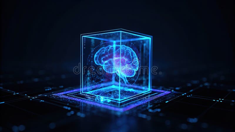 Glowing Brain Inside a Cube Radiates on a Technological Platform with ...
