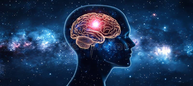Glowing Brain Inside Transparent Human Head, Galaxy Background, Science ...