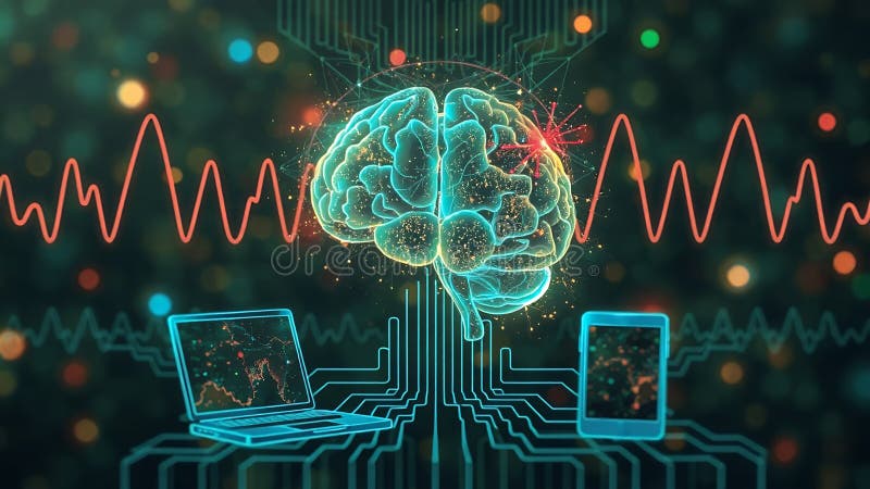 A Glowing Brain a Laptop and a Smartphone Represent AI Stock ...