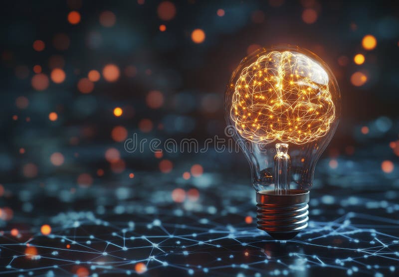 Glowing Brain Lightbulb on Dark Blue Network Background Stock ...