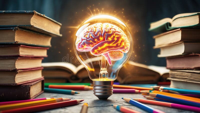 Glowing Brain in Lightbulb Education Concept Image Stock Illustration ...