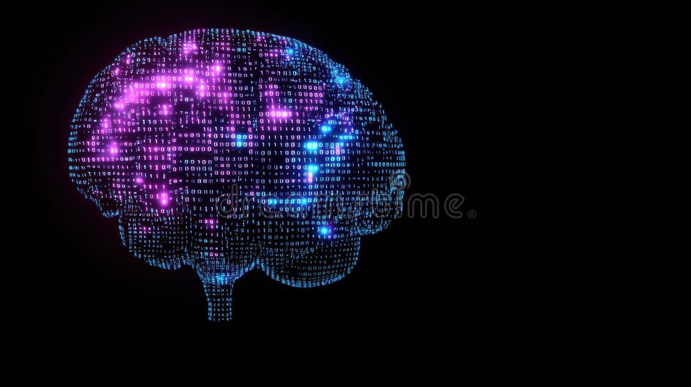 A Glowing Brain Made of Blue and Purple Digital Grids and Binary Code ...