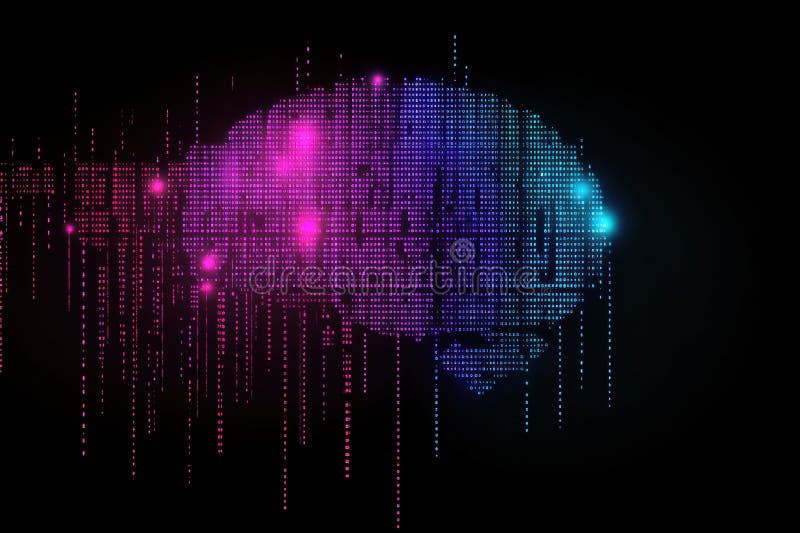 A Glowing Brain Made of Digital Grids and Binary Code Emits Blue and ...