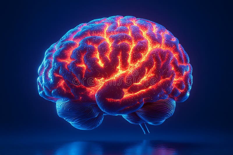 Glowing Brain Model in Blue and Red, Textured Surface, Anatomical ...