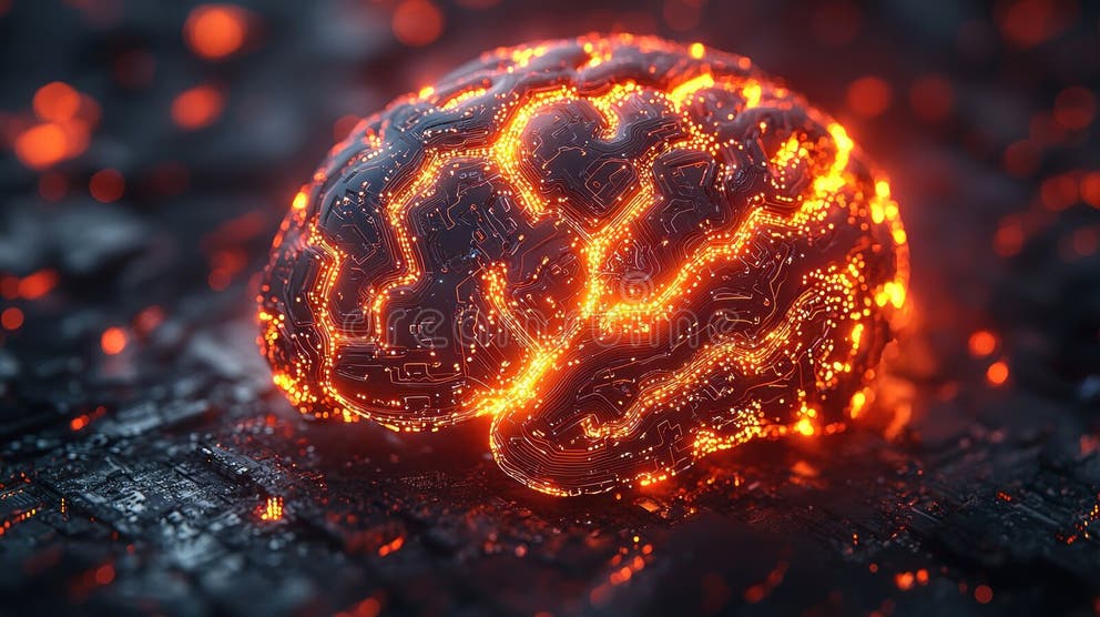 Digital Brain Circuit with Glowing Orange Pathways Stock Illustration ...