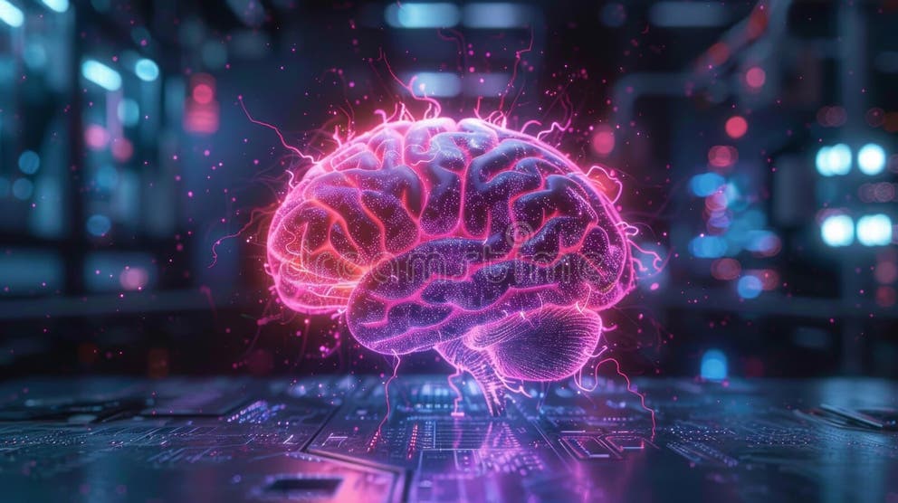 Glowing Brain with Neon Lights - Generative Ai Stock Illustration ...