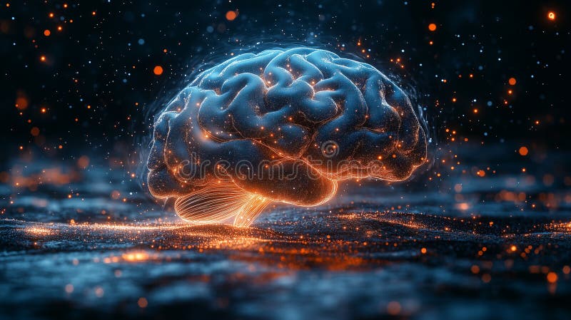 Glowing Brain with Orange Particles on a Dark Background Illustration ...