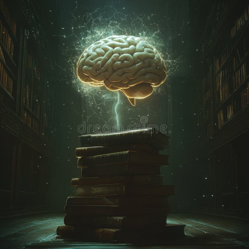 Glowing Brain Over Books in a Mysterious Library Setting Stock Image ...