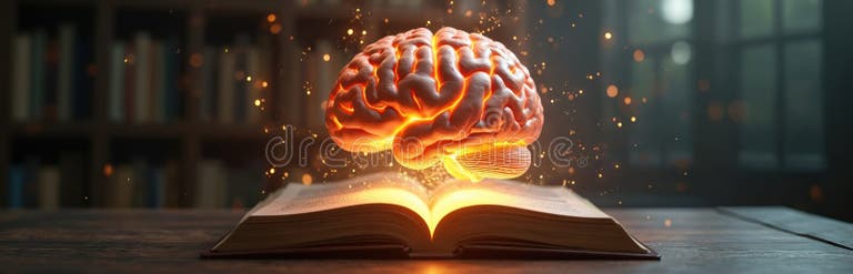 Glowing Brain Over Opened Book. Knowledge, Education Concept. Bookshelf ...