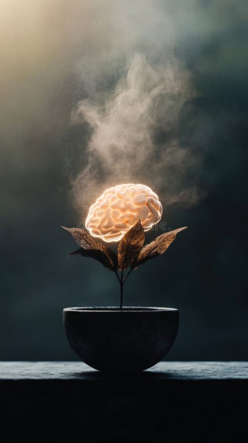 Glowing Brain Plant in Ceramic Pot with Wispy Smoke in Dark Atmosphere ...