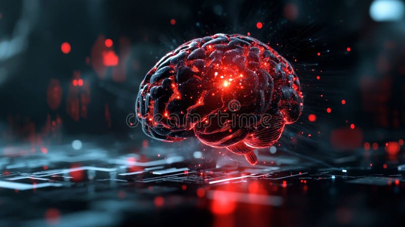 Glowing Brain with Red Highlights, Surrounded by Digital Elements ...