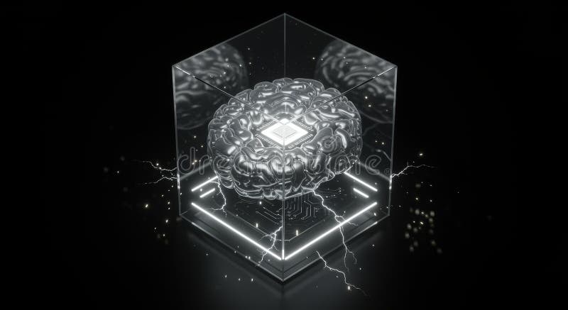 Glowing Brain-shaped Microchip with Circuits in Glass Cube on Black ...