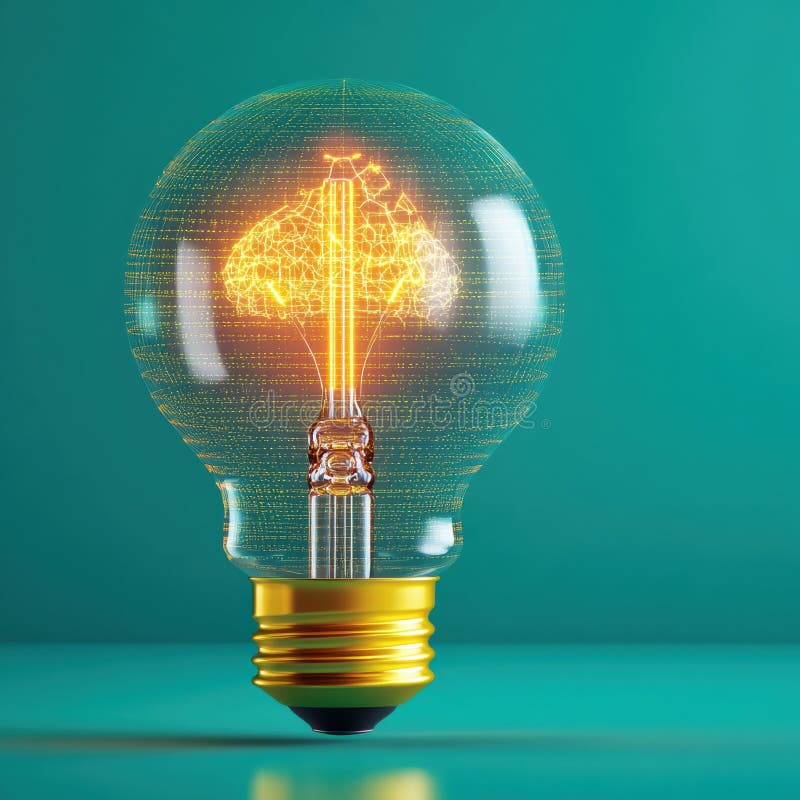 A Glowing Brain-shaped Network Inside a Light Bulb Against a Teal ...