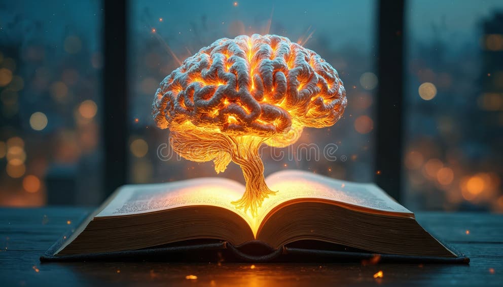Glowing Brain-shaped Tree Growing from Open Book. Idea of Knowledge ...